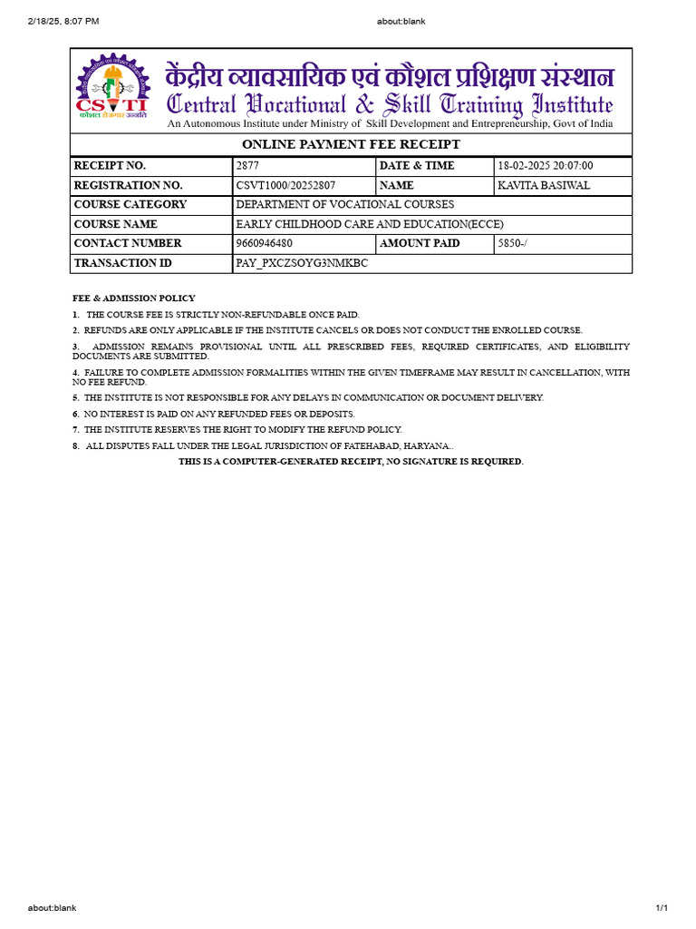 Online Payment Receipt for ECCE Course | PDF
