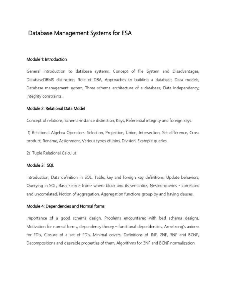 Database Management Systems For ESA | PDF | Relational Model | Databases