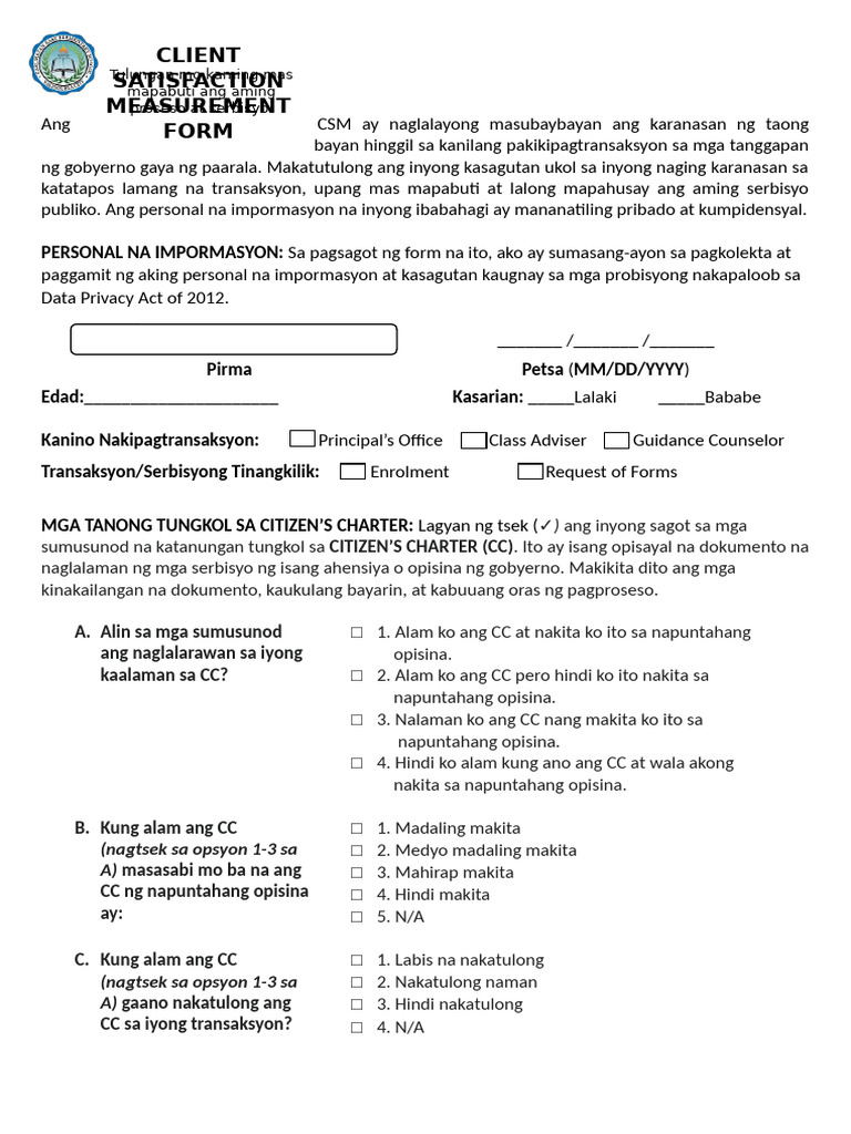Client Satisfaction Measurement Form | PDF