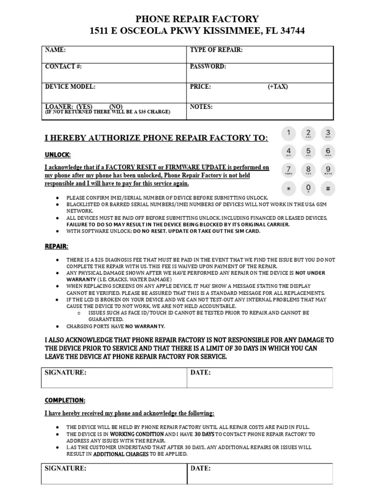 Phone Repair Factory - Repair Form 2024 | PDF | Computing | Mobile ...