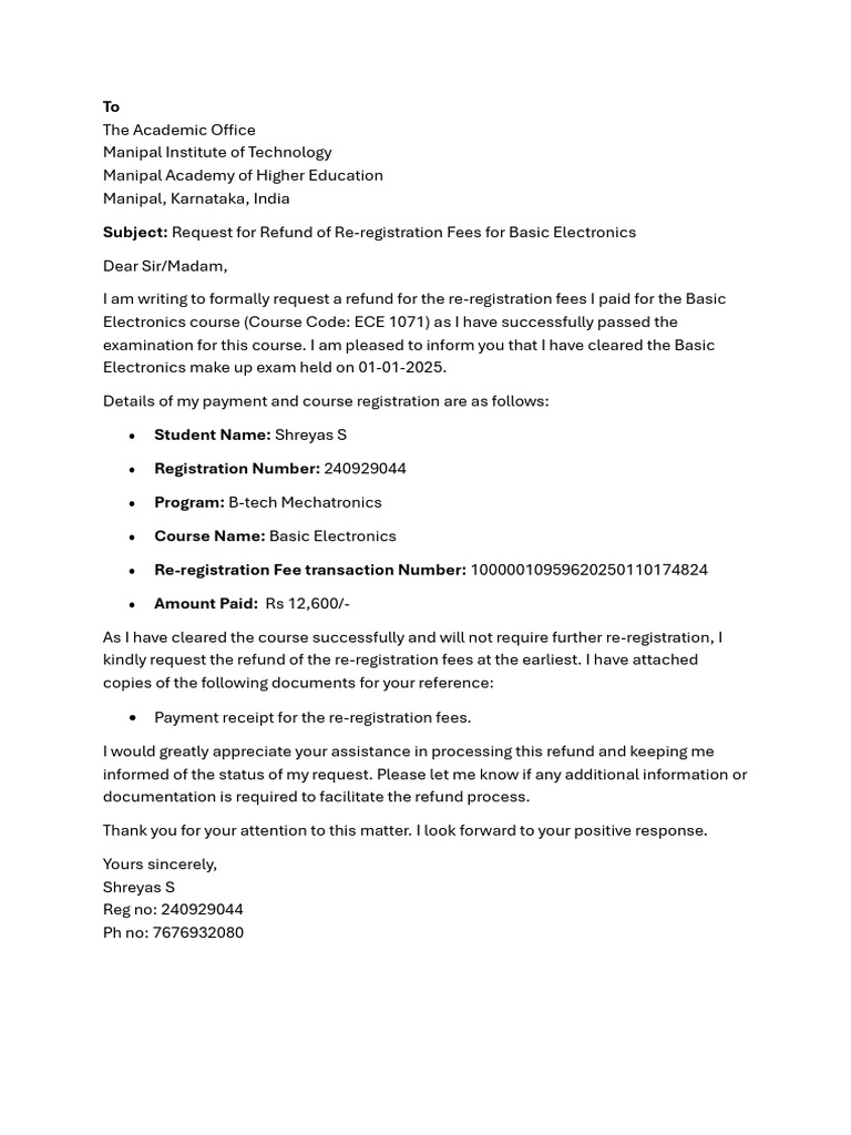 Letter For Refund | PDF