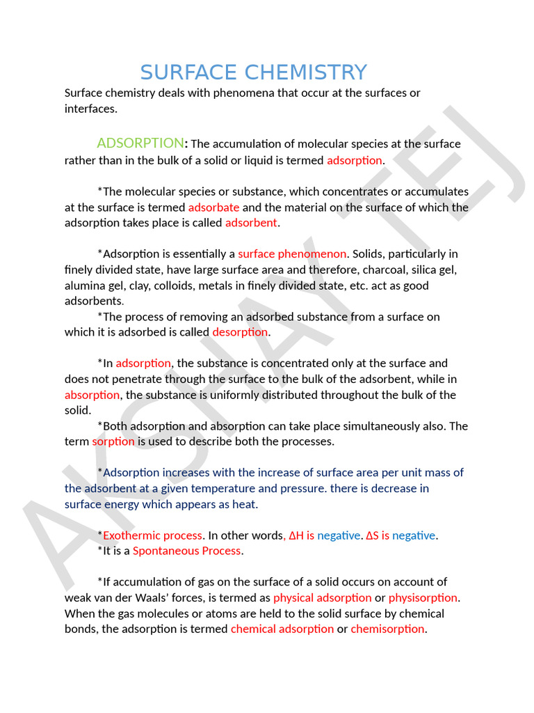 Surface Chemistry Overview and Concepts | PDF | Adsorption | Emulsion