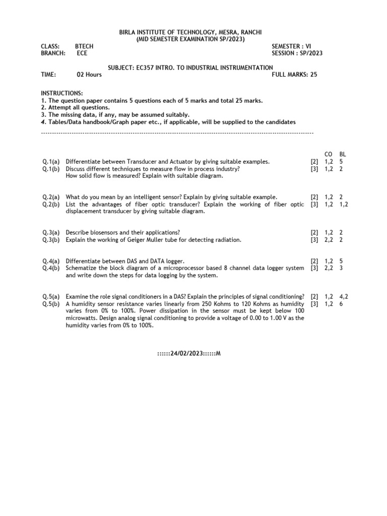 Ec357 Intro - To Industrial Instrumentation (Mid - SP23) | PDF | Sensor | Instrumentation