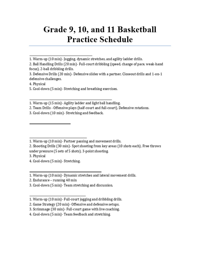 Grade 9 10 11 Basketball Practice Schedule | PDF | Physical Exercise ...