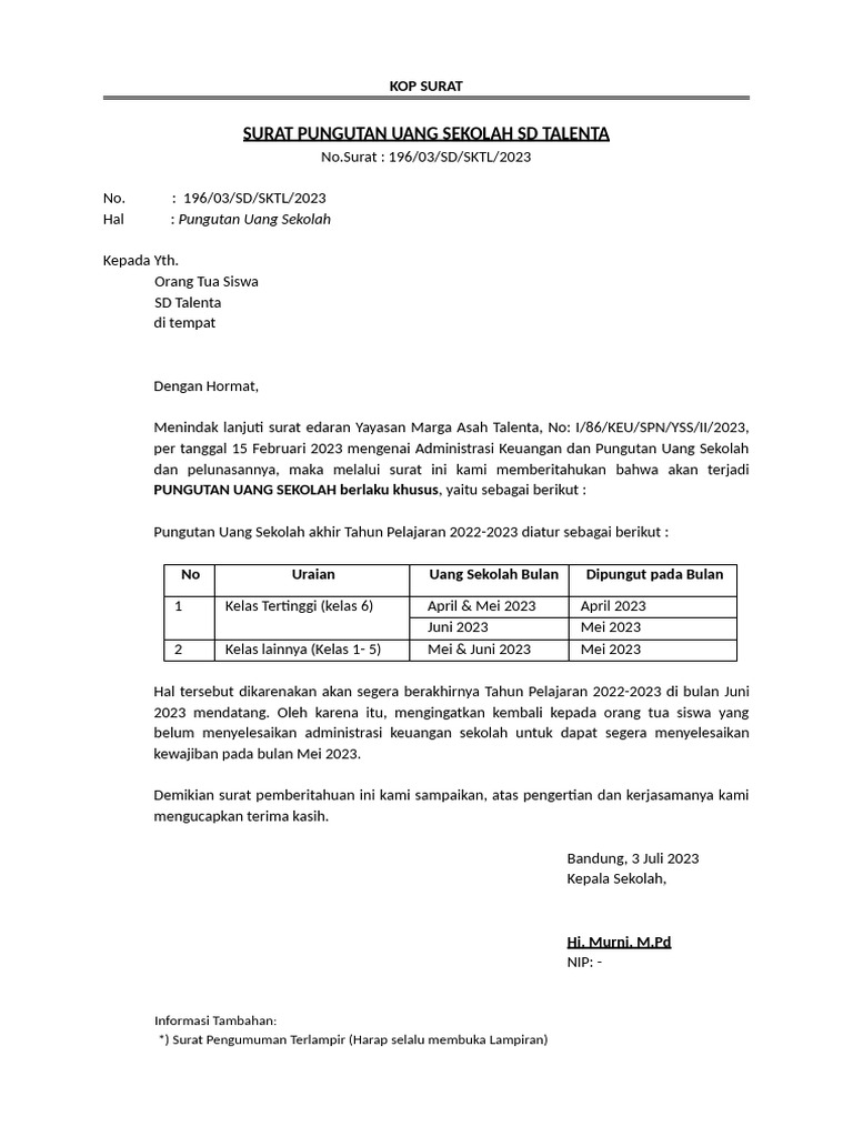 Pungutan Uang Sekolah SD Talenta | PDF
