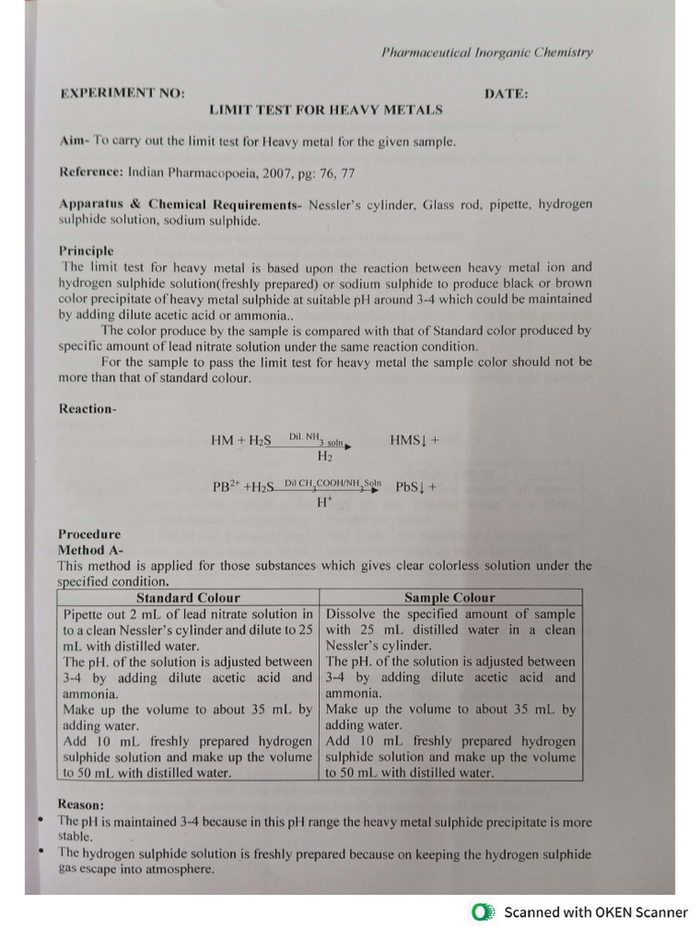 Limit Test For Heavy Metal | PDF
