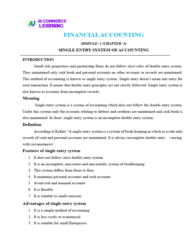 Overview of Single Entry Accounting System | PDF | Accounting ...