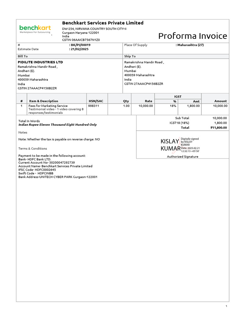 Proforma Invoice - 0019 - Pidilite | PDF | Taxation | Economy Of India