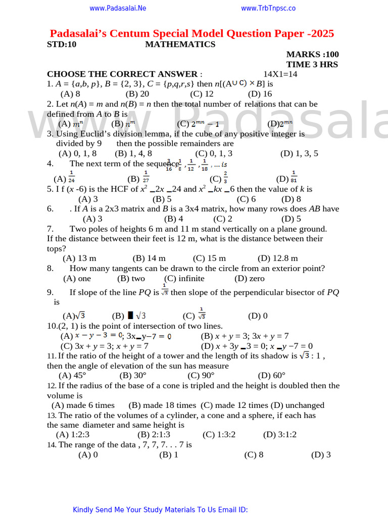10th Maths Padasalai Centum Special Question Paper English Medium PDF Download | PDF | Euclidean ...