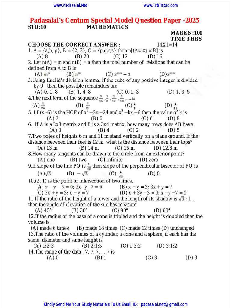 10th Maths Padasalai Centum Special Question Paper English Medium PDF Download Transformed | PDF