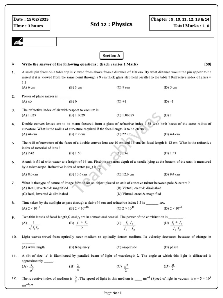 12TH Gseb CH 9 To 14 100 Marks | PDF | Refractive Index | Electron