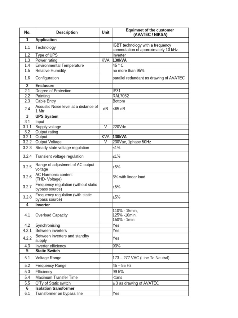 130kVA UPS System Specs | PDF | Computer Engineering | Electricity