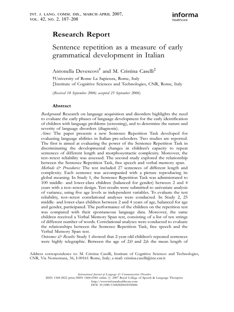 Sentence Repetition in Early Language Development | PDF | Grammatical ...