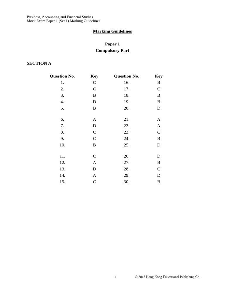 BAFS_Mock_set 1_paper 1_ans_eng | PDF | Business | Historical Cost