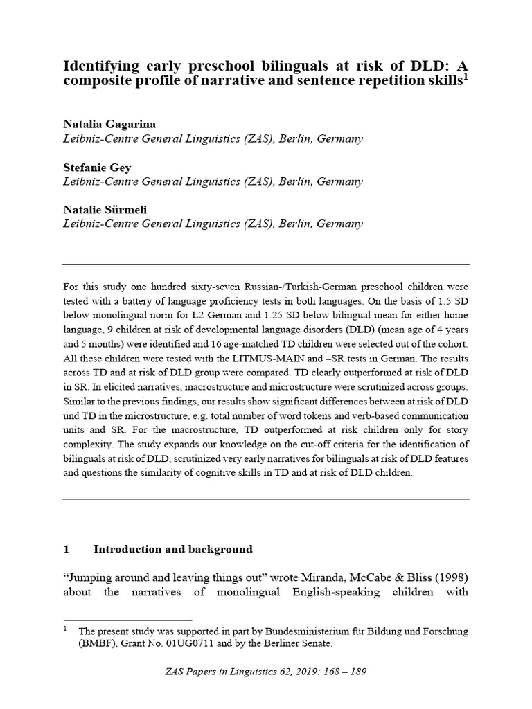 Identifying early preschool bilinguals at risk of DLD | PDF ...