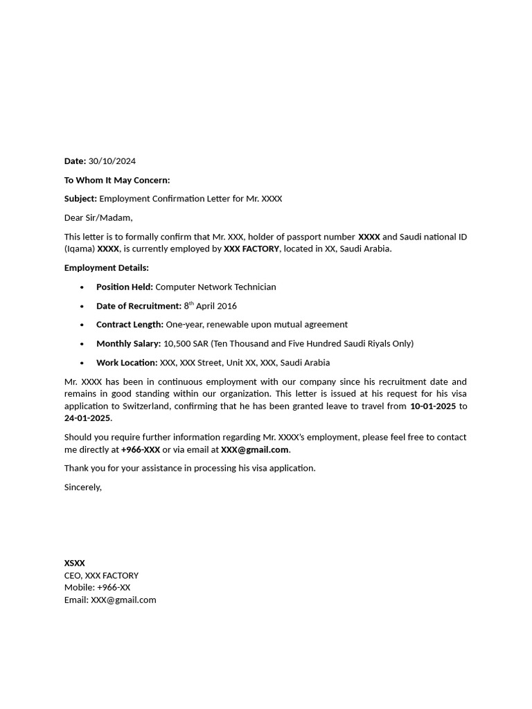 Employment Confirmation for Visa Application | PDF