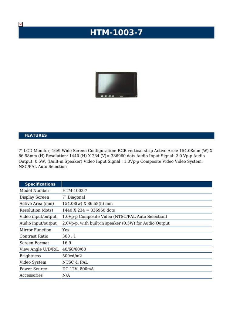 7" LCD Monitor Specifications | PDF