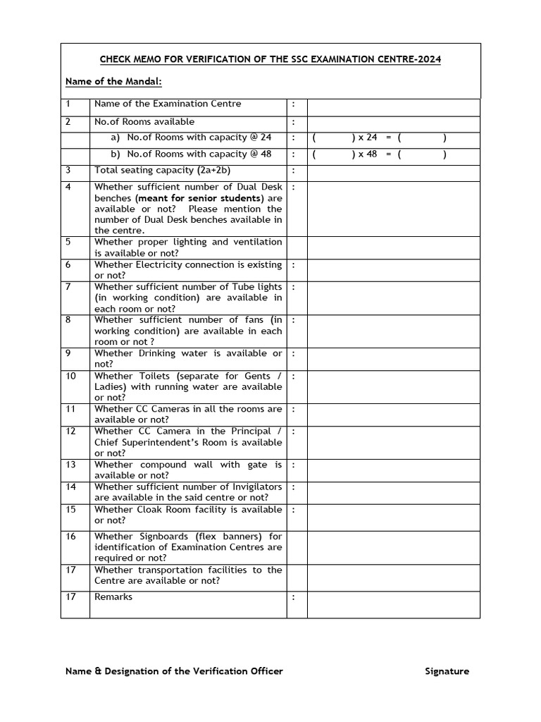 SSC Exam Centre Verification Checklist | PDF