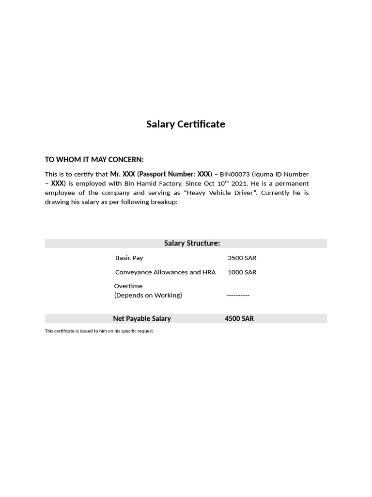 Salary Certificate for Heavy Vehicle Driver | PDF