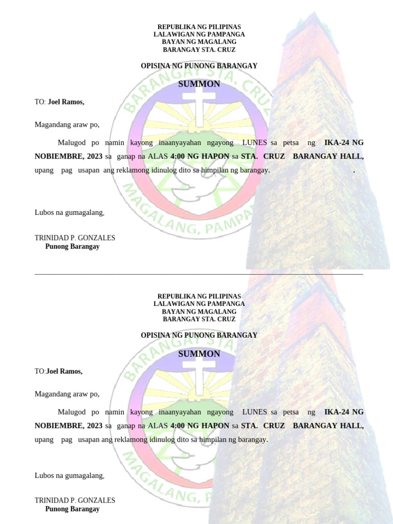 Summons Punong Barangay 203 | PDF