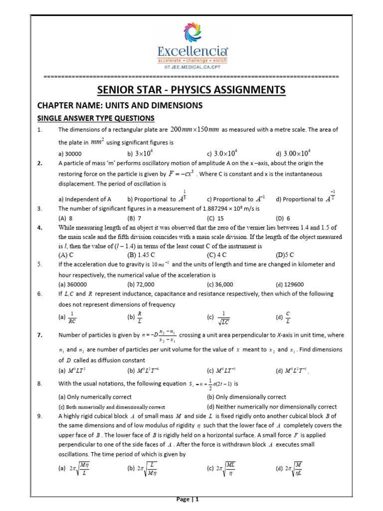 Senior Star Physics Assignments: Units & Dimensions | PDF | Force | Mass
