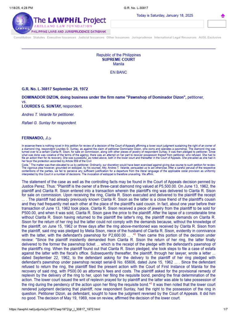 Dizon vs. Suntay, 47 SCRA 160 | PDF | Estoppel | Prejudice (Legal Term)