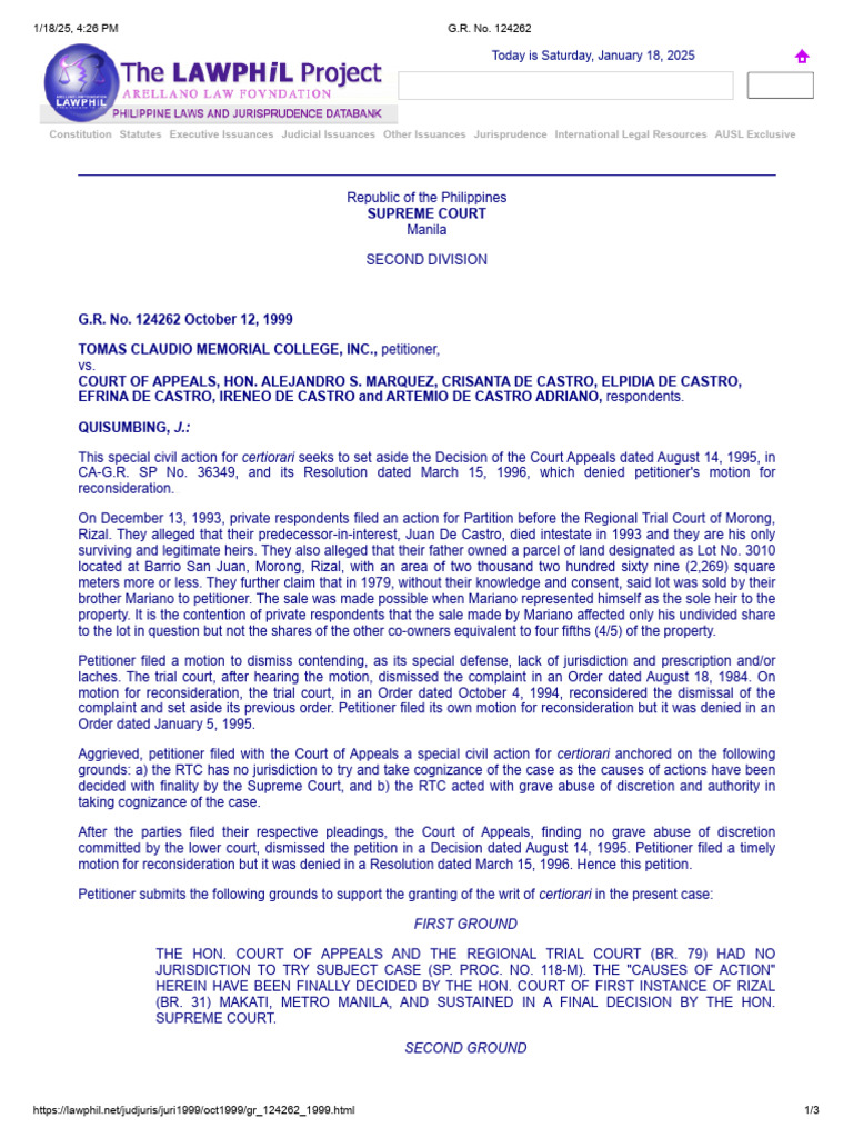 Certiorari Case: Tomas Claudio College vs. De Castro | PDF | Appeal ...
