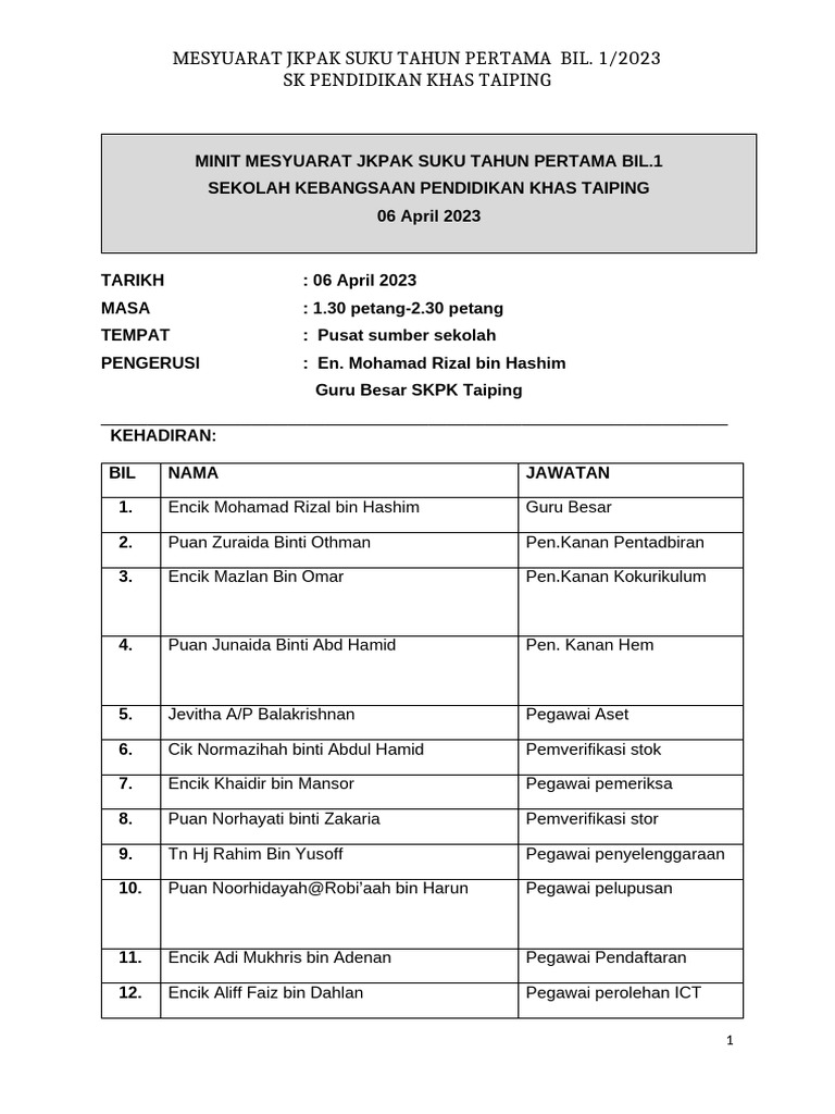 JKPAK Bil 1. Suku Tahun Pertama 2023 | PDF