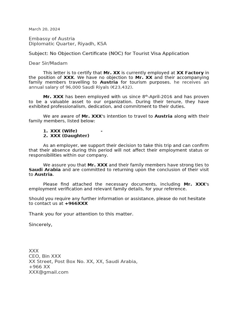 Schengen Visa NOC FORMAT | PDF