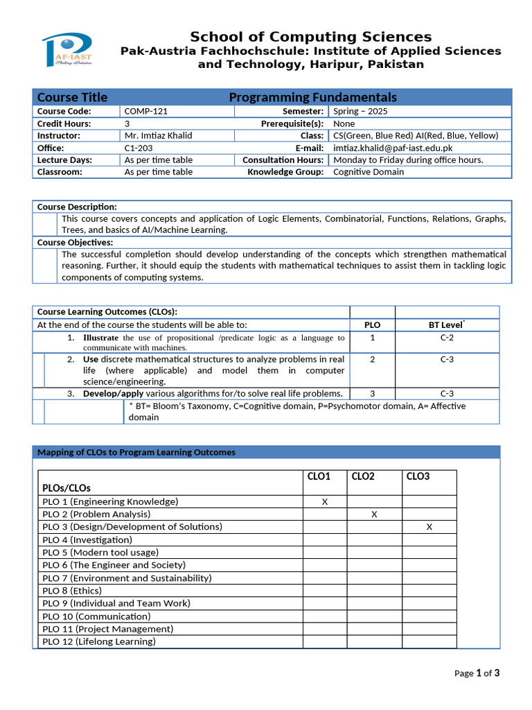 COMP-121 Discrete Structure Course Card Suggested by Imtiaz | PDF | Logic | Plagiarism