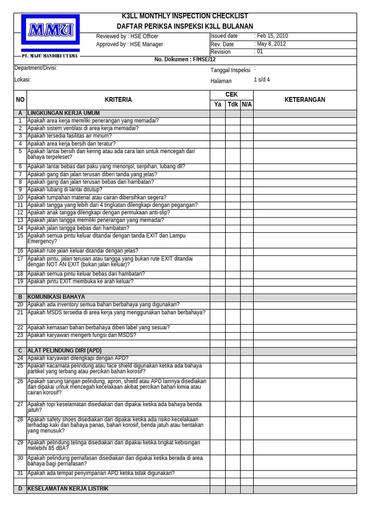 F HSE 12 Inspeksi K3L Bulanan | PDF