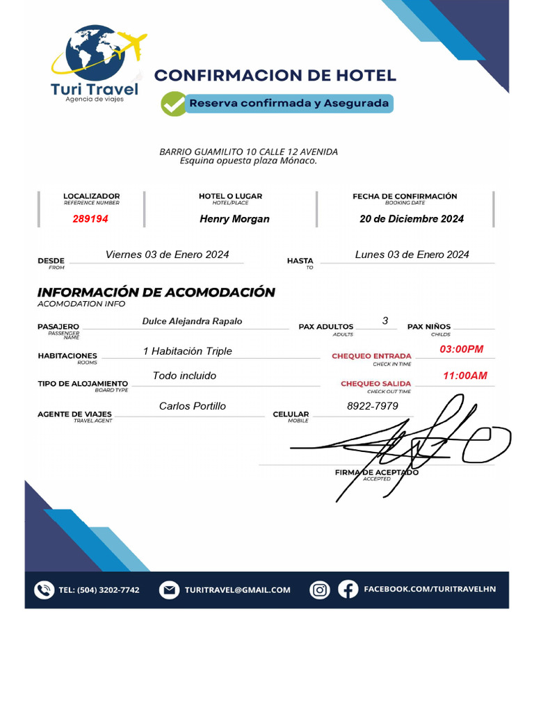 Reserva de Habitación Triple Todo Incluido | PDF