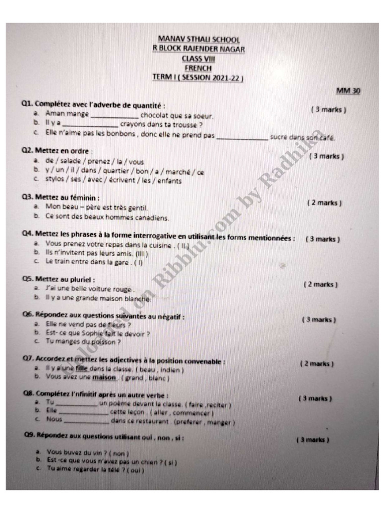 class-8-french-question-paper-term-1-manav-sthali-school | PDF