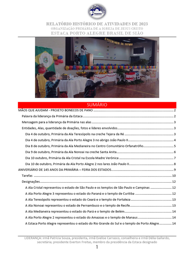 PRIMÁRIA ESTACA PORTO ALEGRE Relatório Histórico de Atividades 2023 | PDF | Amor | Brasil