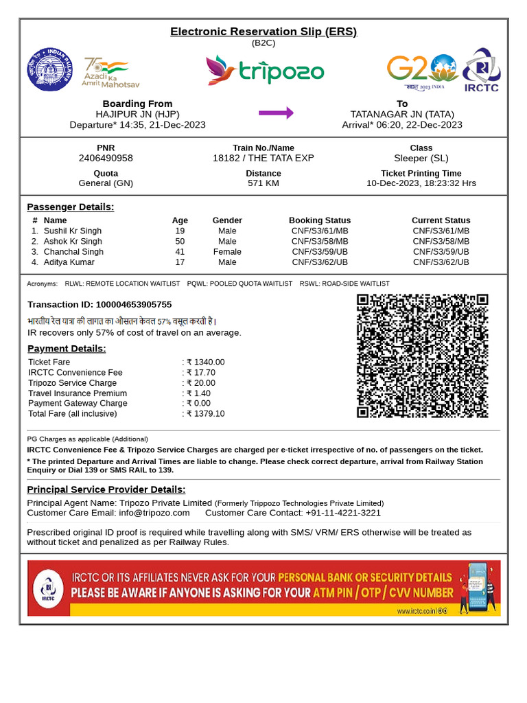 Electronic Reservation Slip for Train Travel | PDF | Identity Document