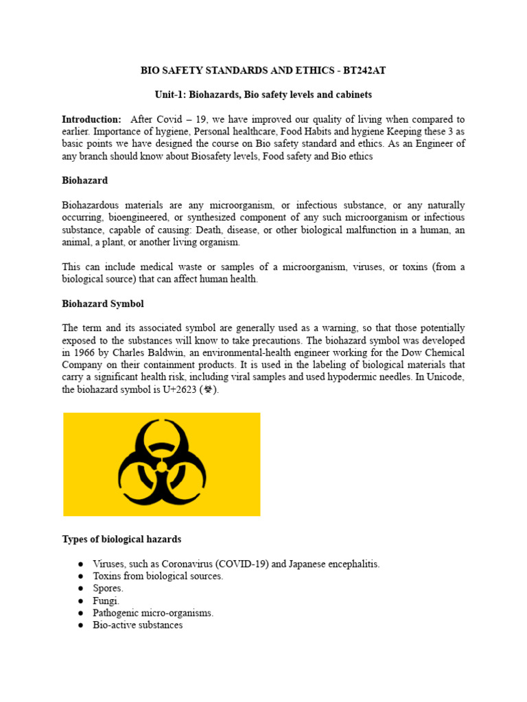 Bio Safety Standards and Ethics Overview | PDF | Infection | Bacteria