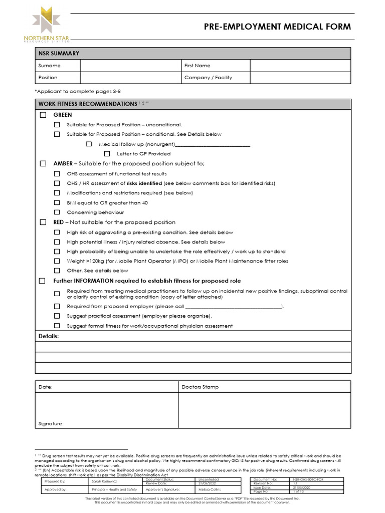 NSR Ohs 001c For Pre Employment Medical Form | PDF | Dermatitis ...