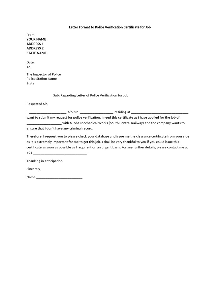 Police Verification Letter Format for Job | PDF