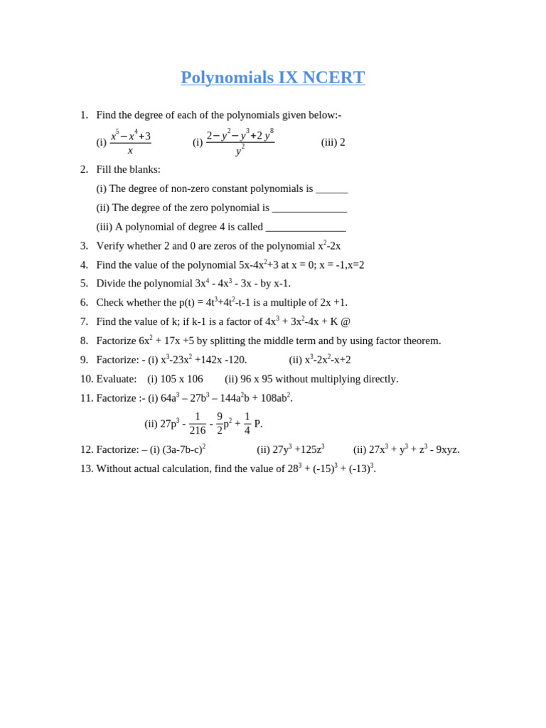Polynomials IX NCERT | PDF
