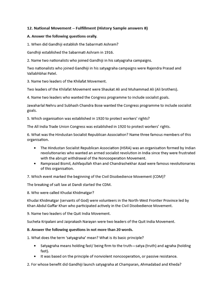 National Movement - Fulfillment (History Sample Answers 8) | PDF ...