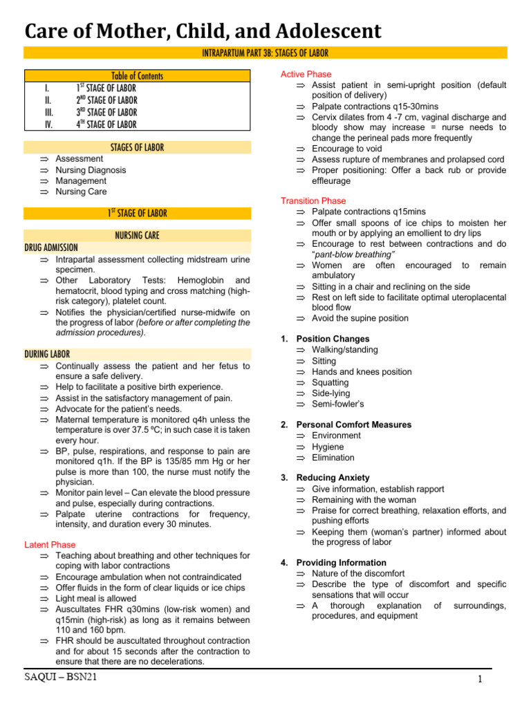 MCN LEC1.3B IP Stages of Labor SAQUI 1 | PDF | Childbirth | Breathing