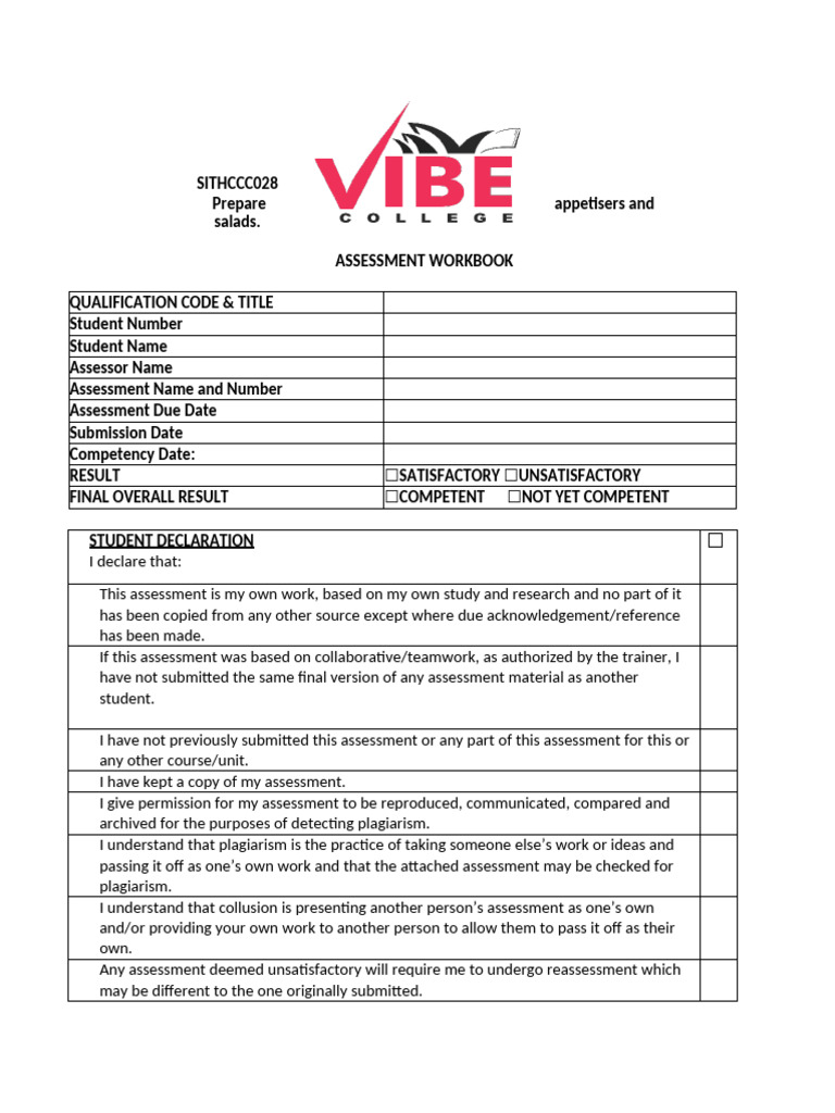 SITHCCC028 Assessment Workbook | PDF | Educational Assessment | Sauce