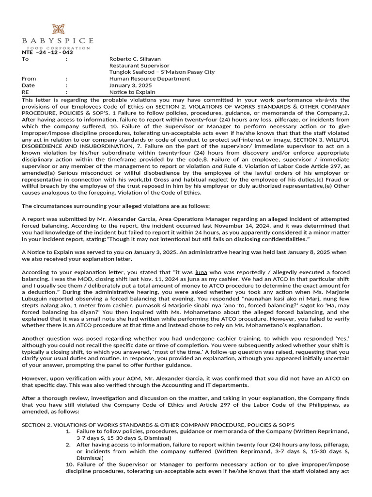 Notice to Explain: Ethics Violations | PDF | Employment