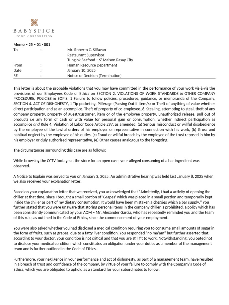 Termination Notice: Pilferage Case | PDF | Theft | Fraud