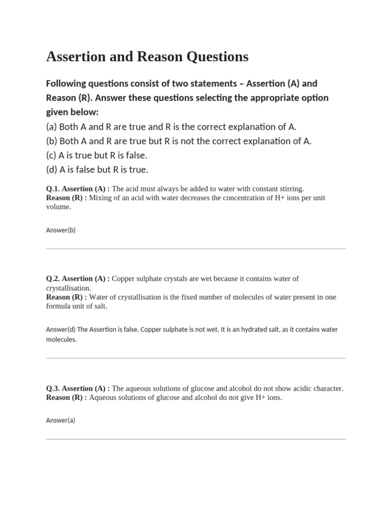 Assertion and Reason CBSE Acids Bases & Salts | PDF | Acid | Sodium Chloride