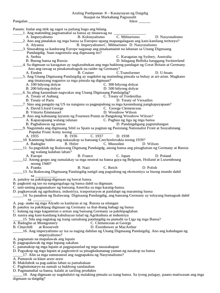 Grade 8 4th Quarter Exam Reviewer Answer Sheet | PDF