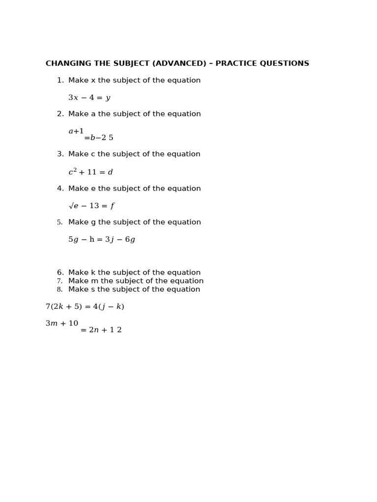 Advanced Equation Subject Practice | PDF