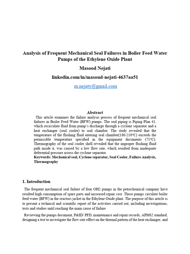 Mechanical Seal Failure Analysis in BFW Pumps | PDF | Pump | Flow ...