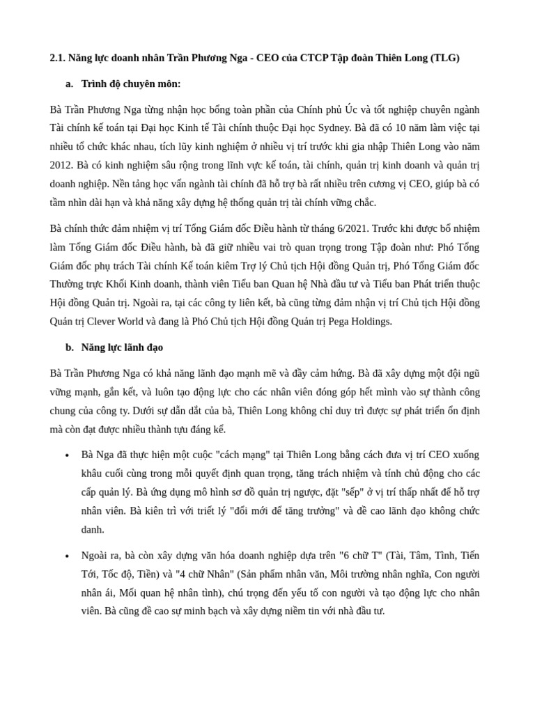 2.1. Năng lực doanh nhân Trần Phương Nga - CEO của CTCP Tập đoàn Thiên Long (TLG) a. Trình độ ...