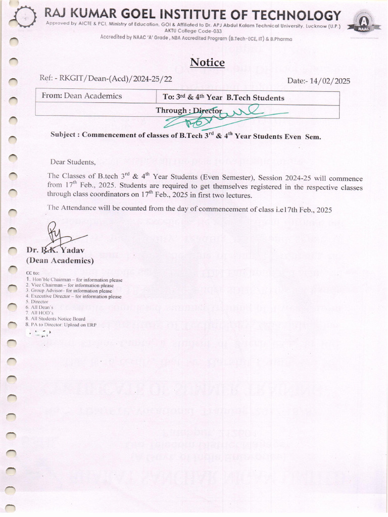Commencement of Classes of B.tech 3rd & 4th Year Even Sem. | PDF
